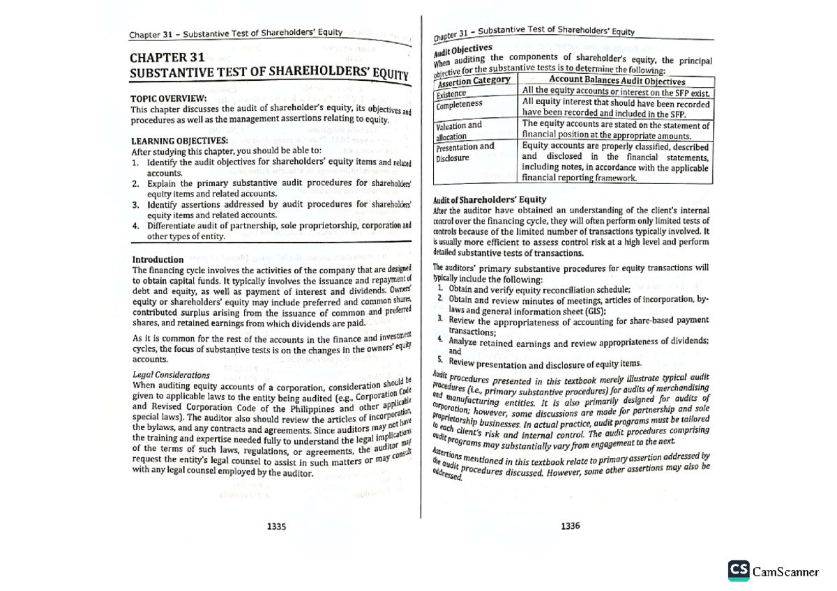 Chapter 31 Substantive Test of Shareholders Equity - Accounting - Studocu