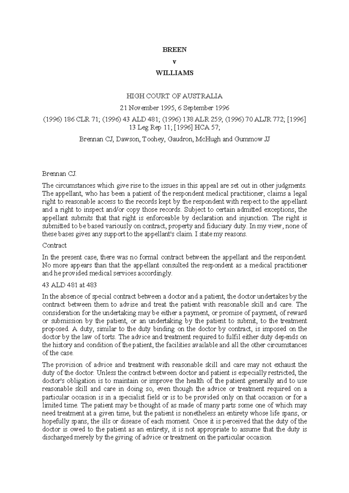Breen v Williams 1996 - BREEN v WILLIAMS HIGH COURT OF AUSTRALIA 21 ...