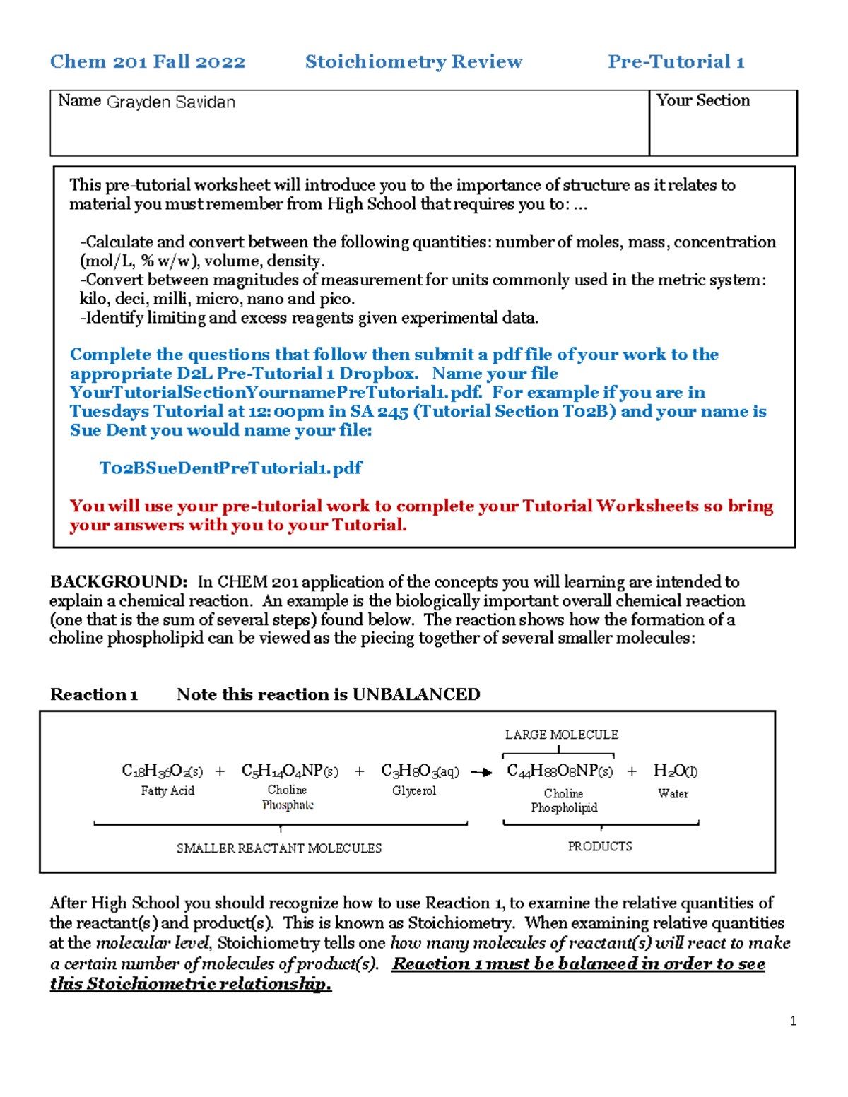 T01 Chem 201pdf - Chem 201 Fall 2022 Stoichiometry Review Pre-Tutorial 1 Name Your Section This ...