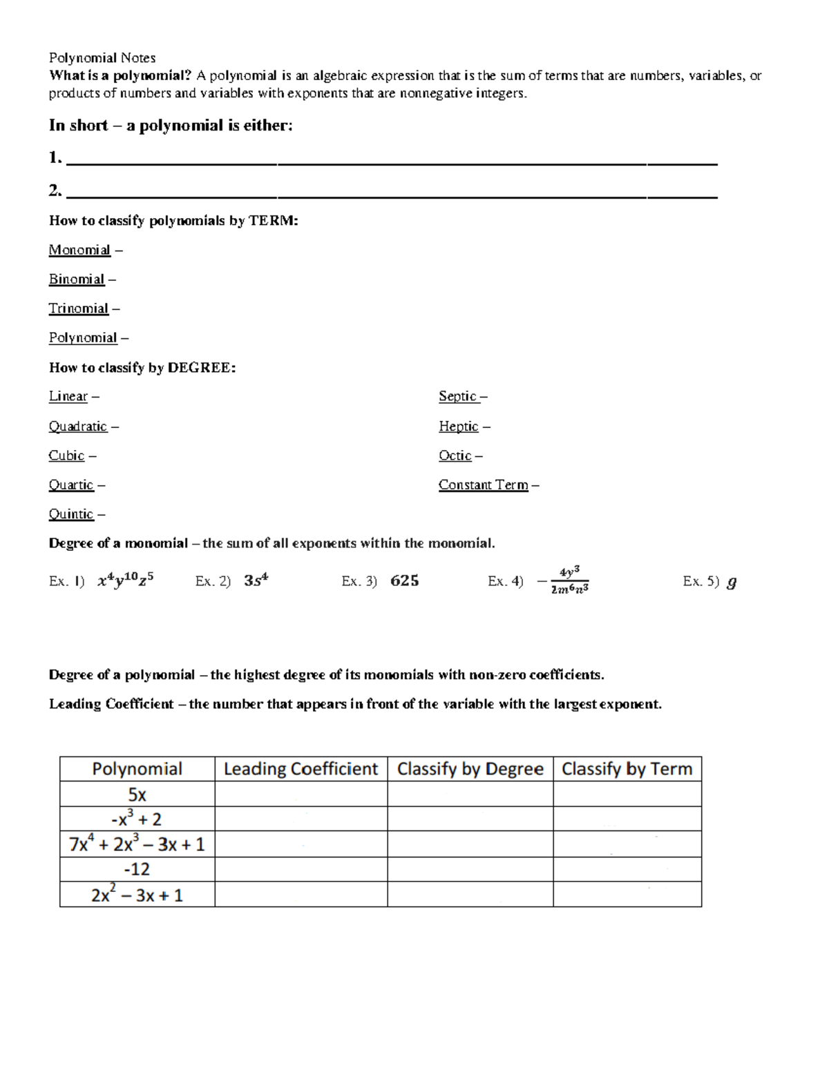 What is a Polynomial Notes - What is a polynomial? A polynomial is an ...