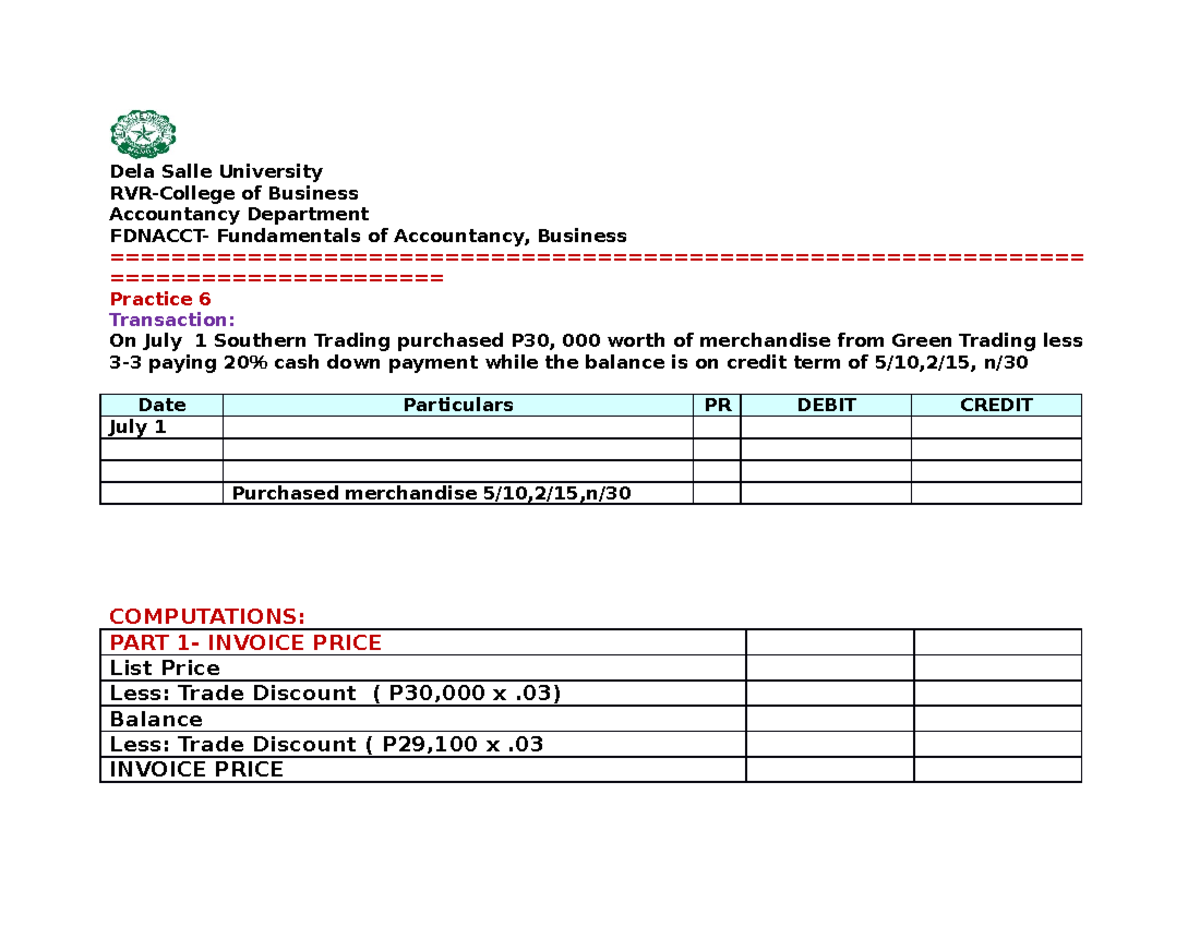 Practice 6- Accounting for Merchandising- Southern Trading - SET 3 ...