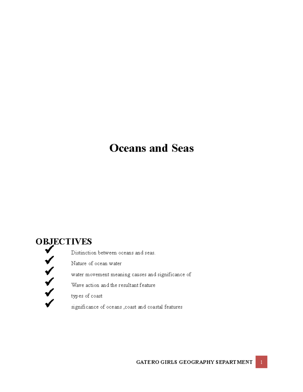 08. Ocean AND SEAS - Oceans and Seas OBJECTIVES Distinction between ...