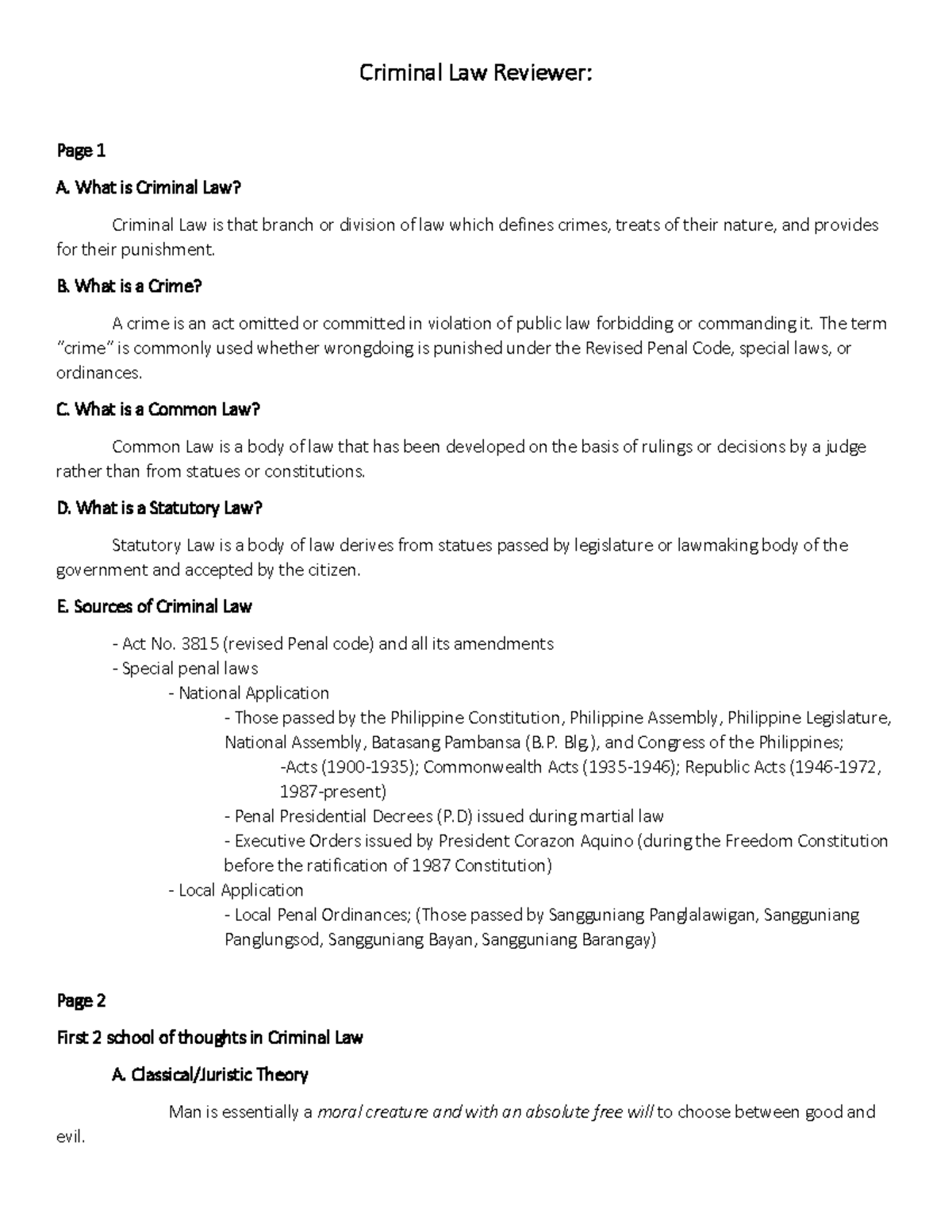 Criminal Law Reviewer - Lecture notes 1-10 - Introduction to ...