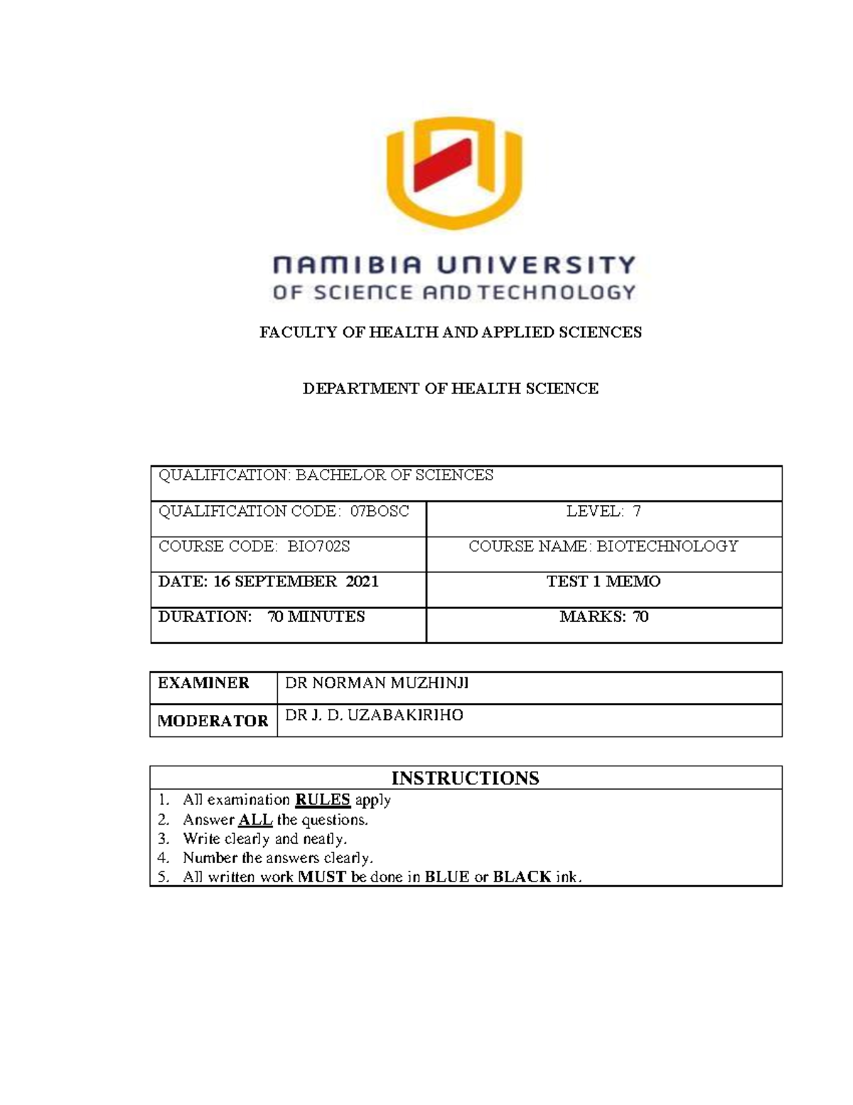 Test 1 with memo - none - FACULTY OF HEALTH AND APPLIED SCIENCES ...