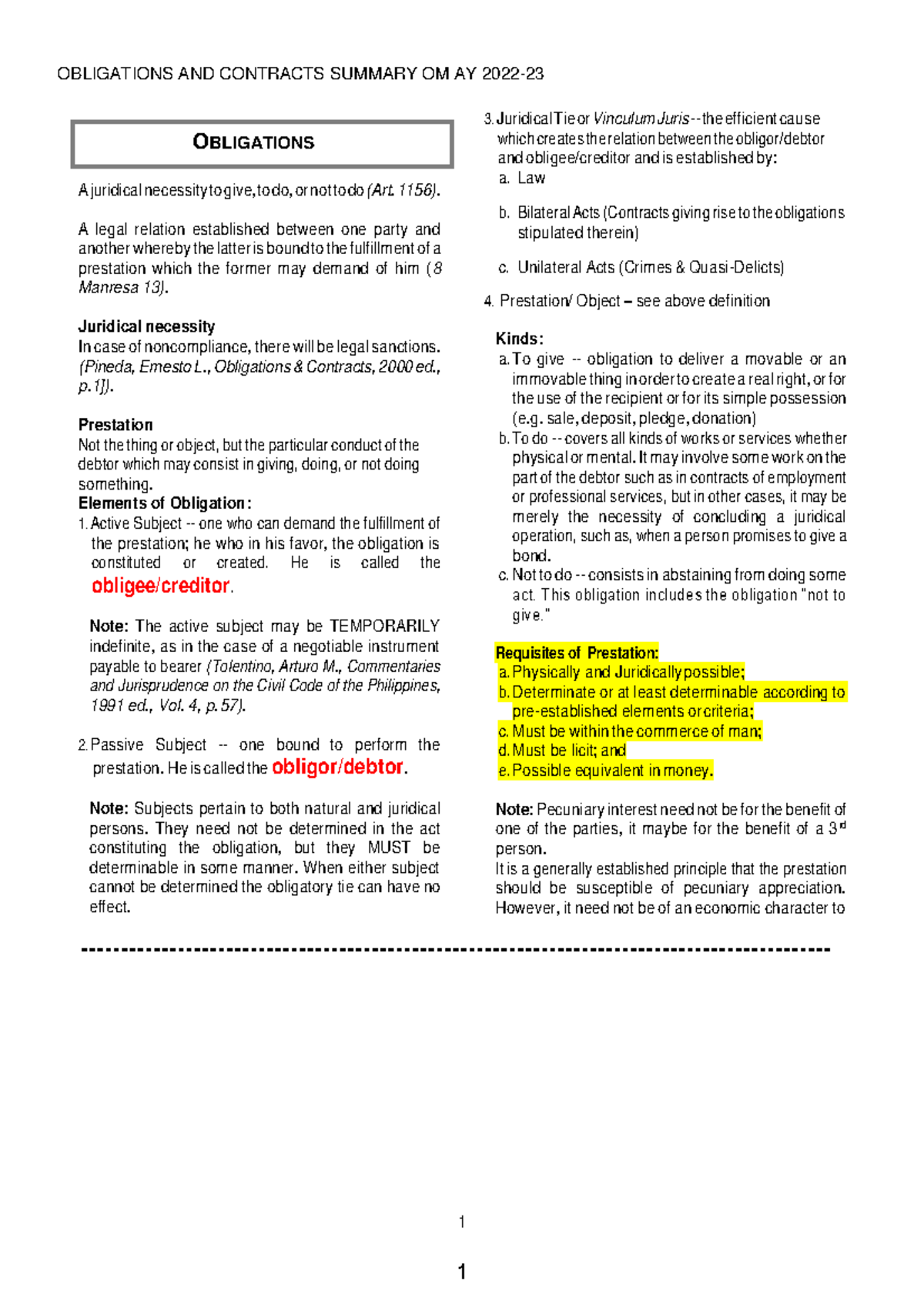 Oblicon Reviewer - OBLIGATIONS AND CONTRACTS SUMMARY OM AY 2022- 1 A juridical necessity to give ...