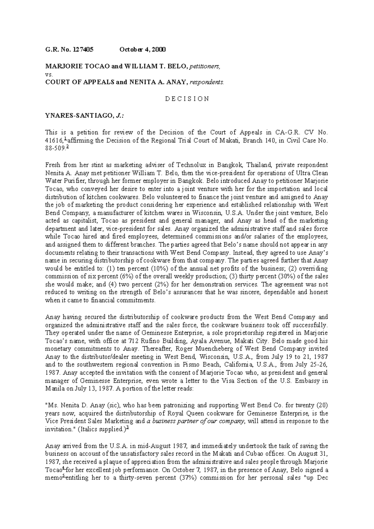 Tocao-v - Case - G. No. 127405 October 4, 2000 MARJORIE TOCAO and ...