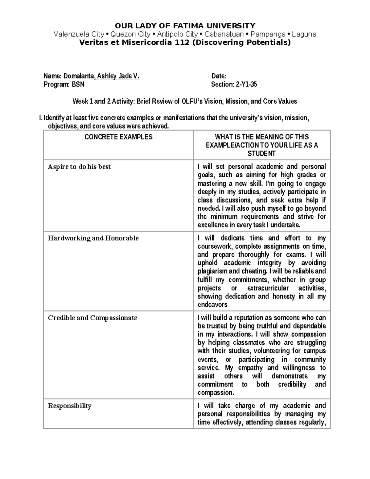 V112 WEEK 1-2 Brief Review OF OLFU’s Vision, Mission, AND CORE Values ...