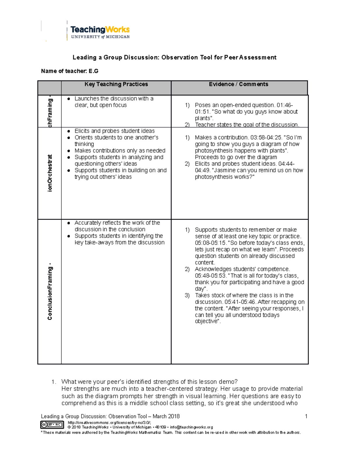 MRS Peer Observation Assessment Tool Ex 2 - Leading a Group Discussion ...