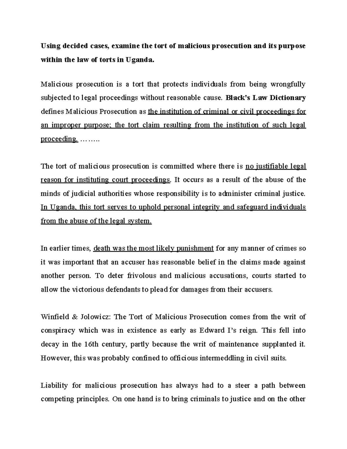 Malicious prosection - Malicious prosecution is a tort that protects ...