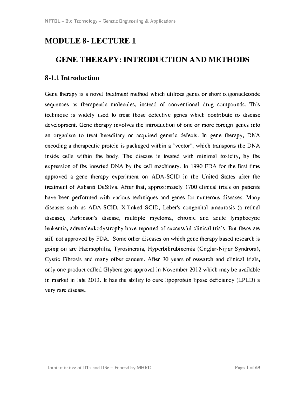 Mod8 - Lecture notes 1 - MODULE 8- LECTURE 1 GENE THERAPY: INTRODUCTION ...