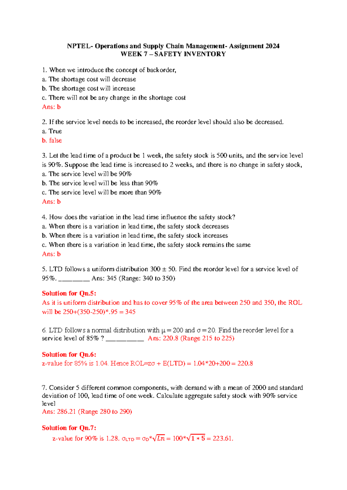 Assignment 7 solution - NPTEL- Operations and Supply Chain Management ...