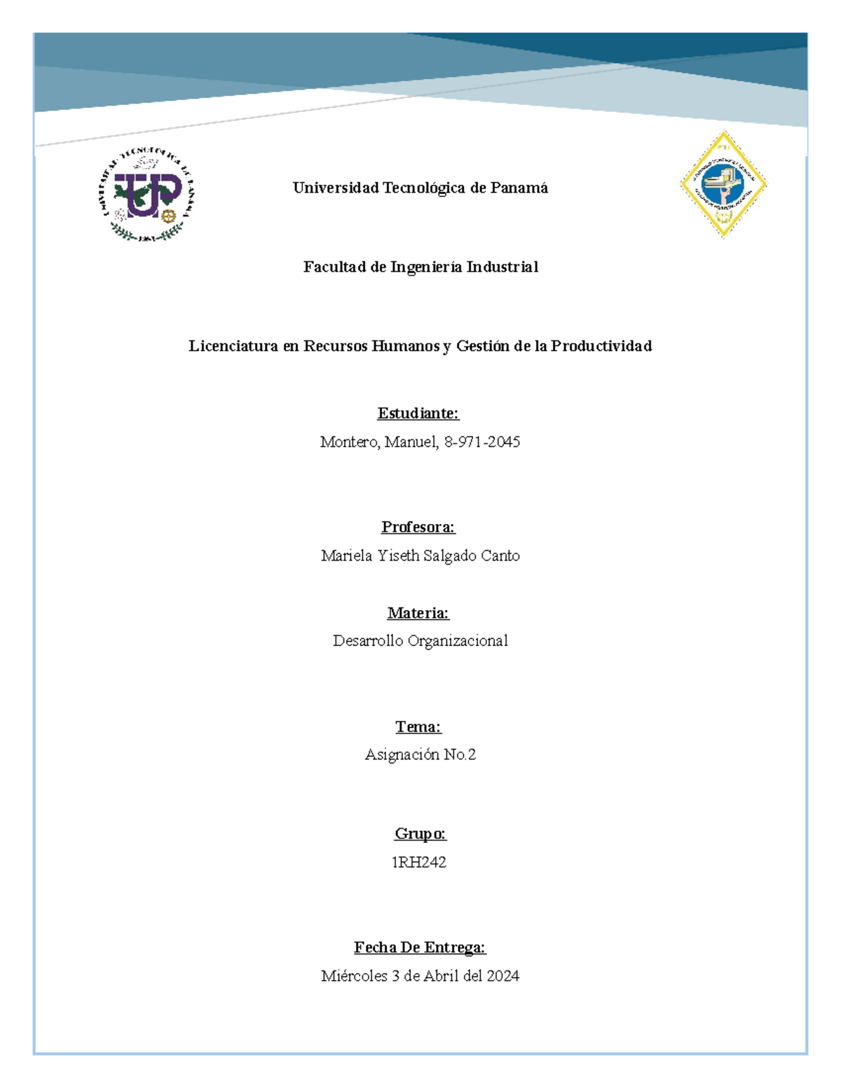 Hoja de presentación - presentacion - Economia - Universidad Tecnológica de Panamá Facultad de ...