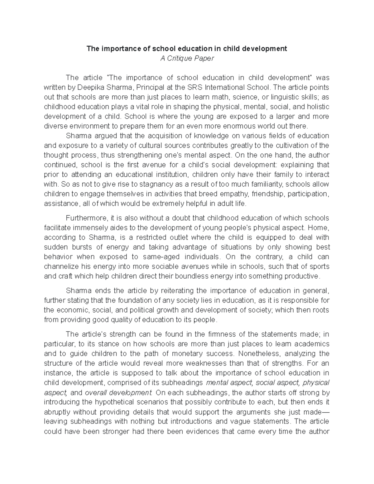The importance of school education in child development Critique Paper ...