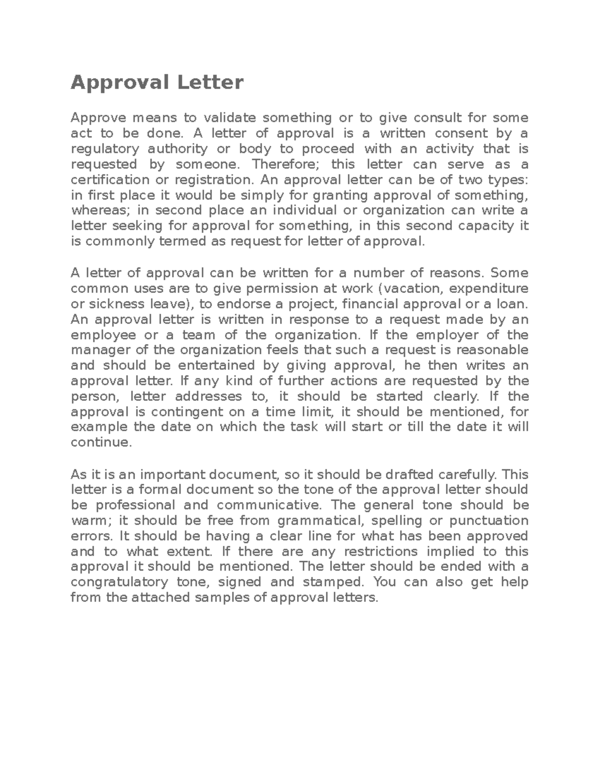 Approval Letter and Memorandum - Approval Letter Approve means to ...