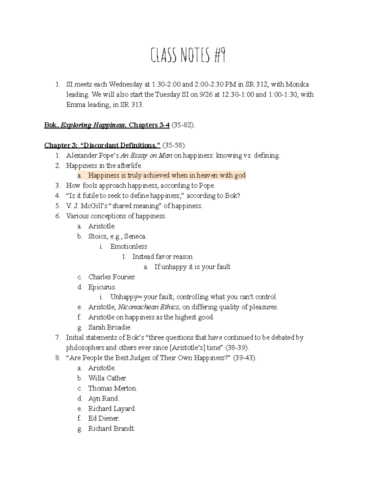 Class notes #9 - CLASS NOTES SI meets each Wednesday at 1:30-2:00 and 2 ...