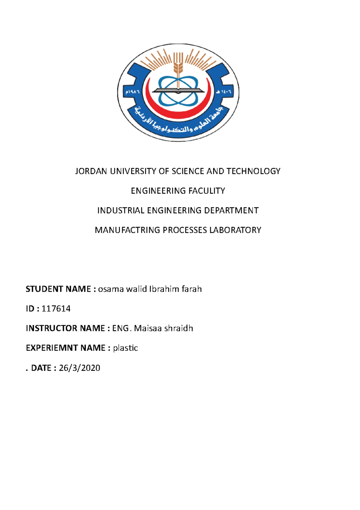 Plastic report case fore production lab - JORDAN UNIVERSITY OF SCIENCE ...