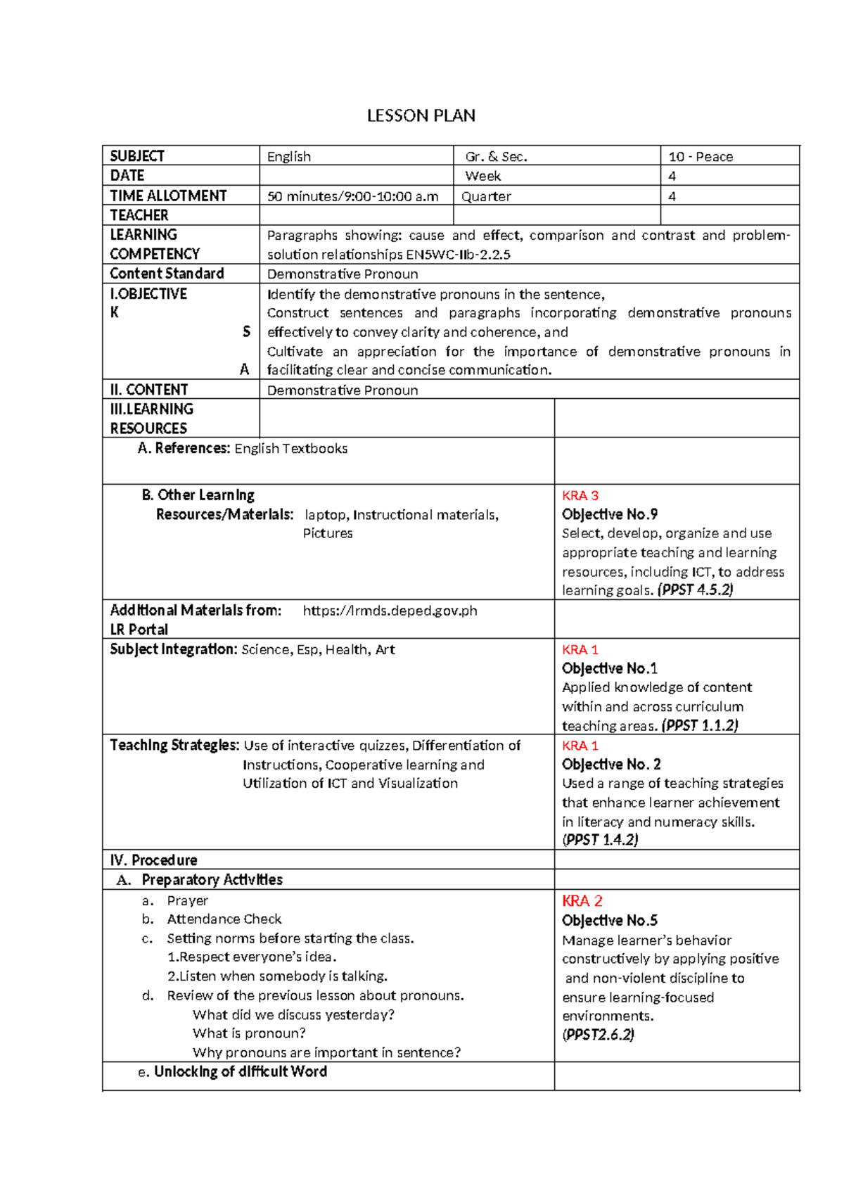 Demonstrative pronoun - LESSON PLAN SUBJECT English Gr. & Sec. 10 ...