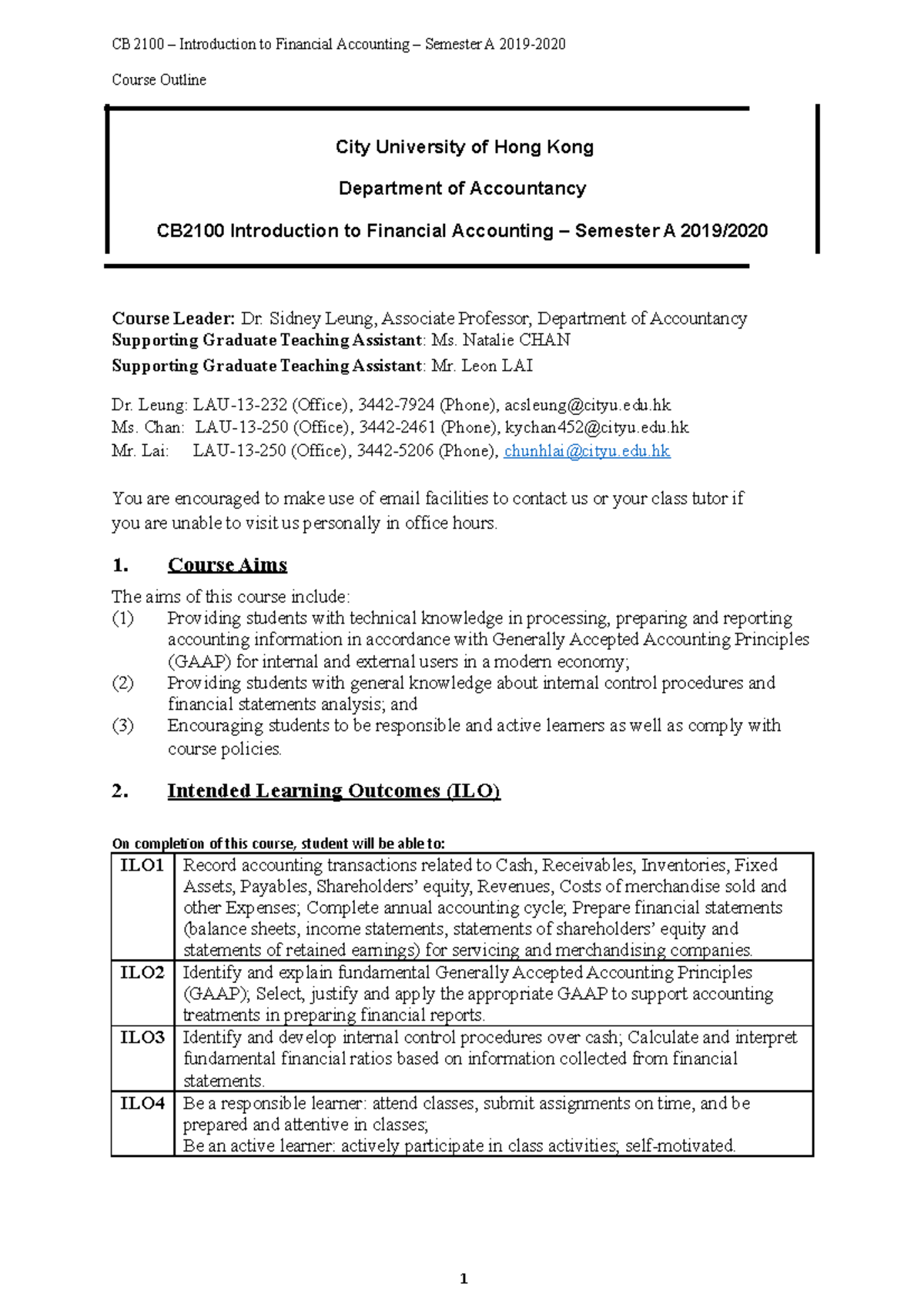 CB2100 Course outline - Course Outline City University of Hong Kong Department of Accountancy ...