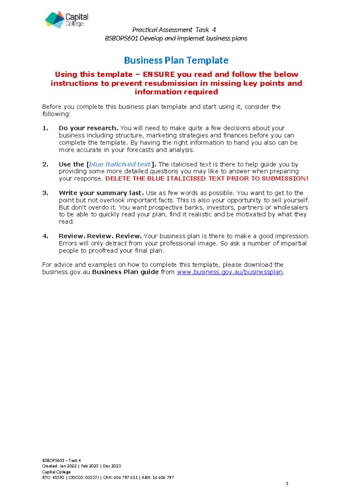 Bsbops 601 Task 4 Business Plan Template 2023 - BSBOPS601 Develop and implemet business plans ...