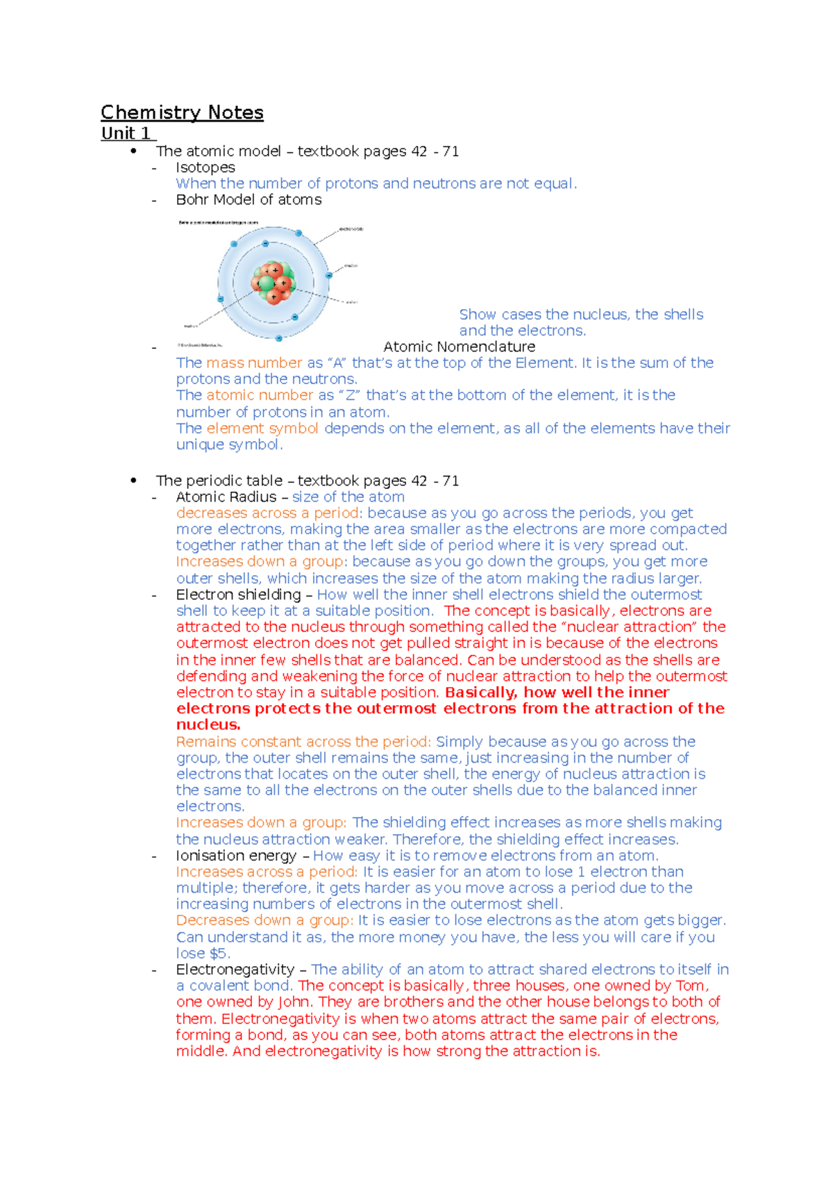 Chemistry Exam revision unit 1 and 2 year 11 2023/2024 QCAA Kelvin ...
