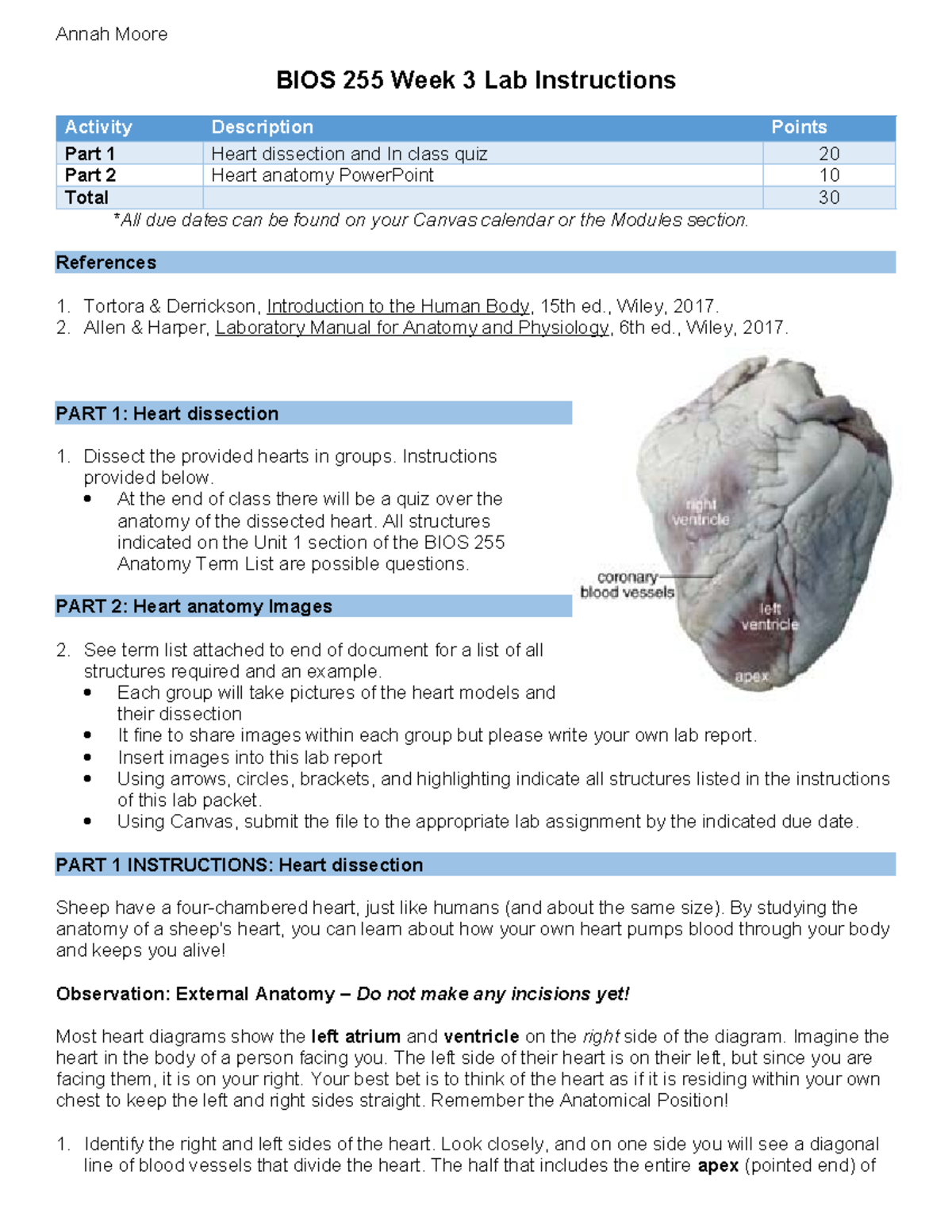 BIOS 255 Week 3 Lab Instructions-Heart Dissection - BIOS 255 Week 3 Lab ...