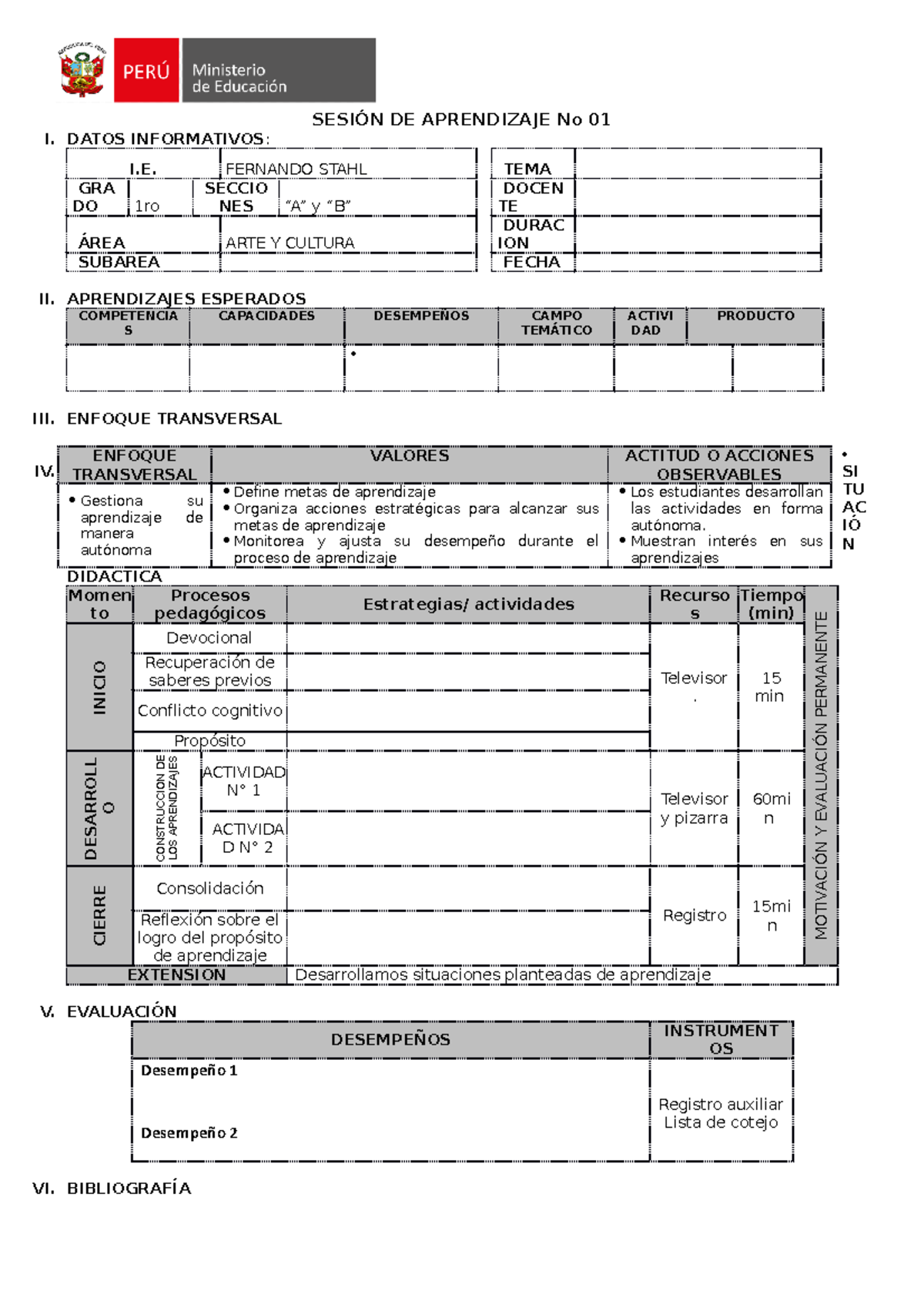 Sesión 12 - Formato DE Sesión DE Aprendizaje - SESIÓN DE APRENDIZAJE No 01 I. DATOS INFORMATIVOS ...