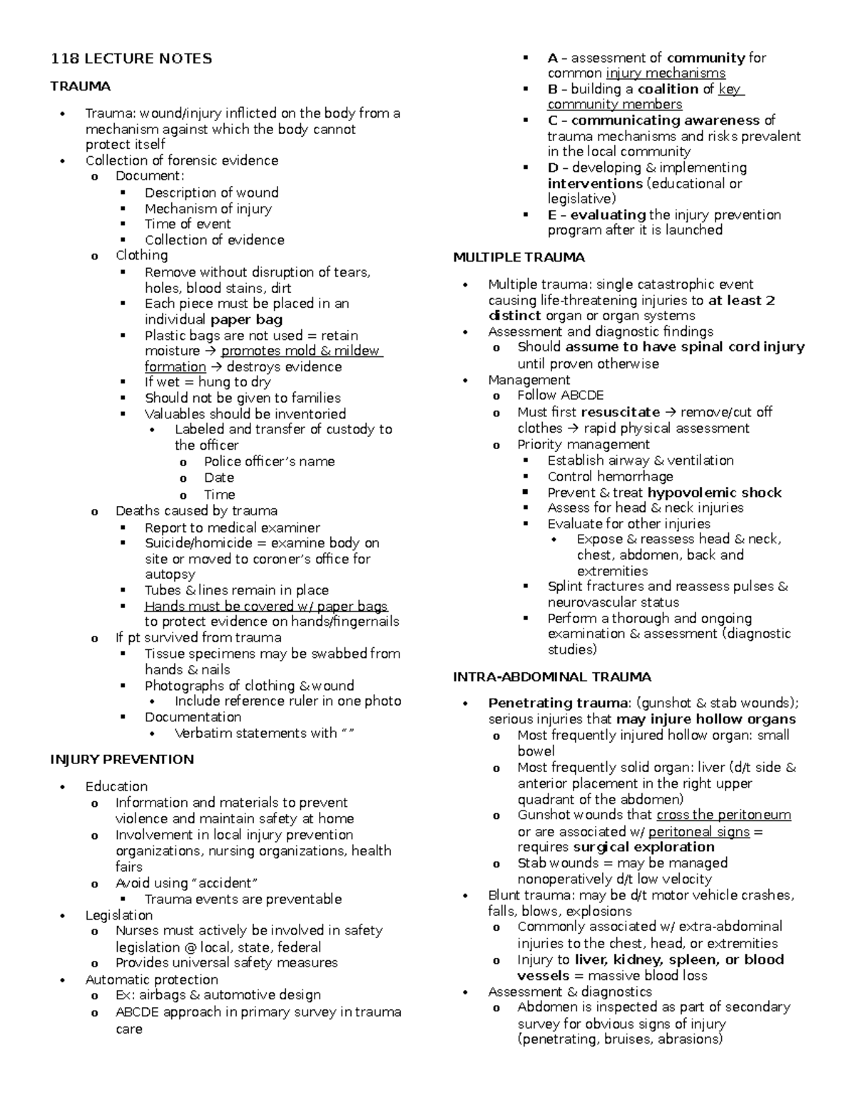 118 Lecture Notes Finals - 118 LECTURE NOTES TRAUMA Trauma: wound ...