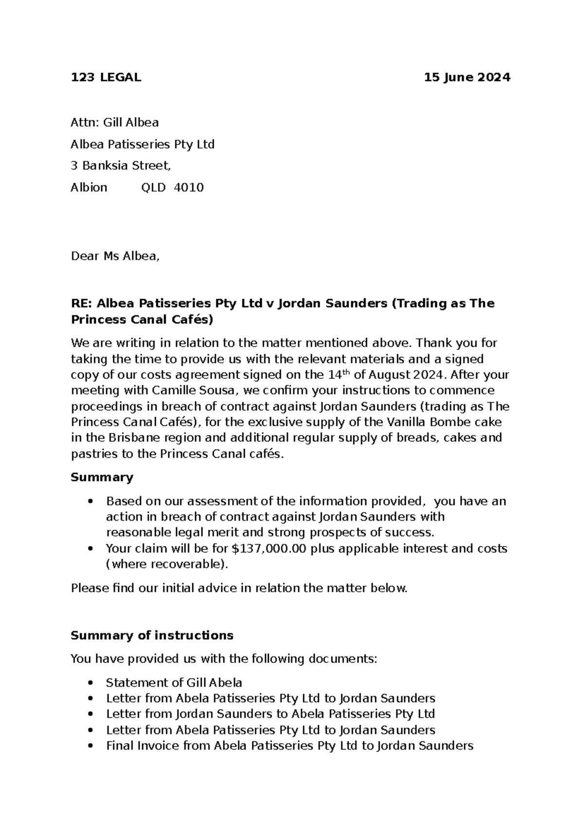 Civil Litigation 1.2 - CLP assignment example - 123 LEGAL 15 June 2024 ...