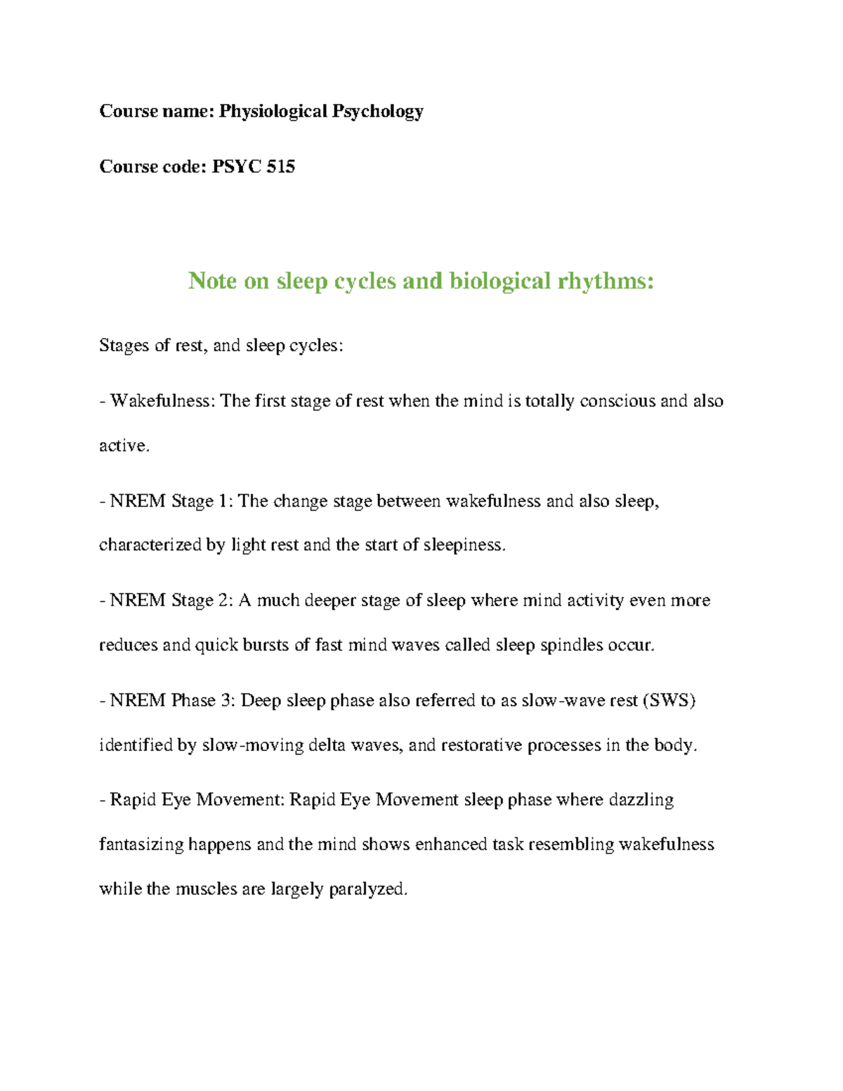 Note on sleep cycles and biological rhythms - Course name ...