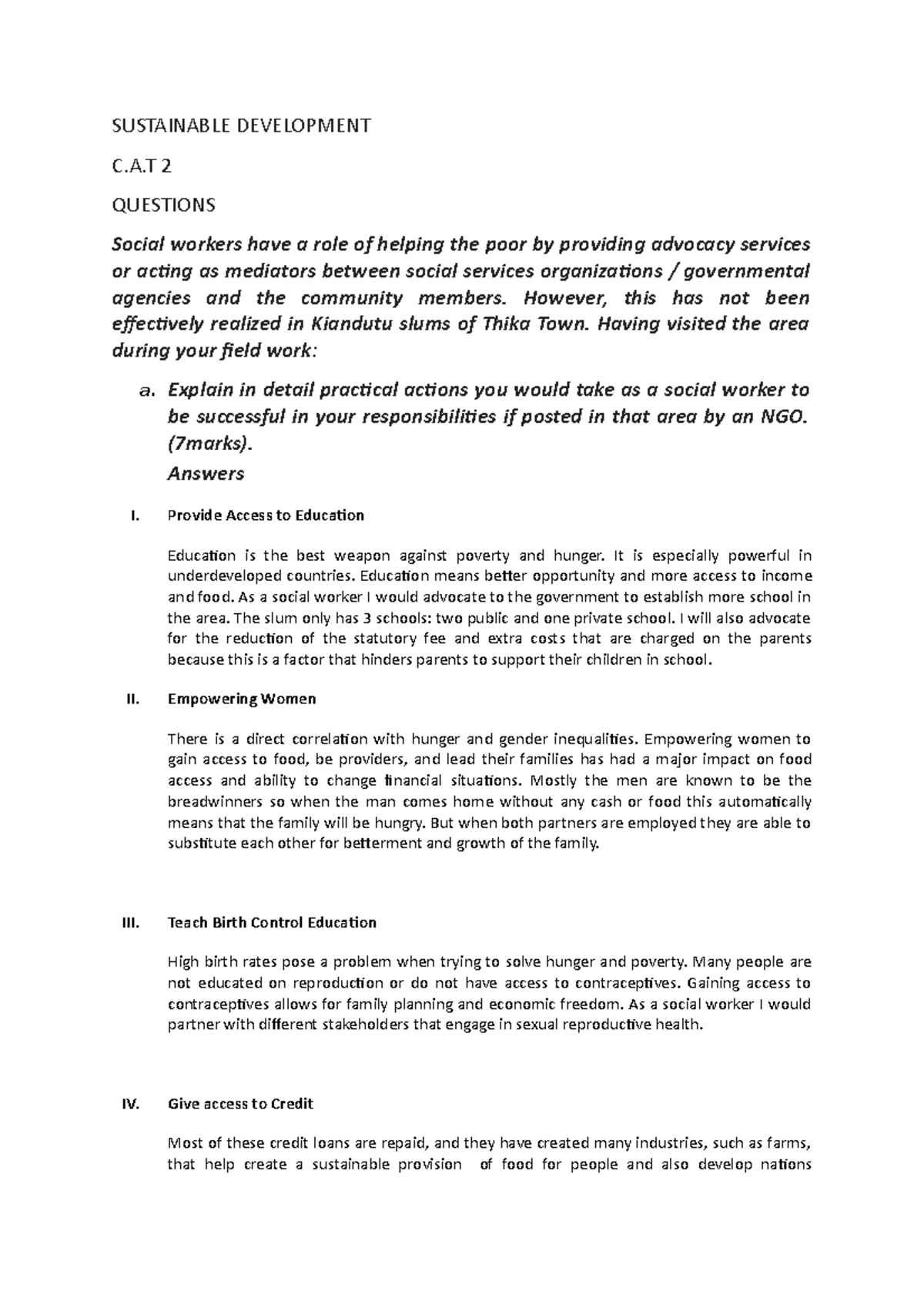 Sustainable Development C.A.T - SUSTAINABLE DEVELOPMENT C.A 2 QUESTIONS ...