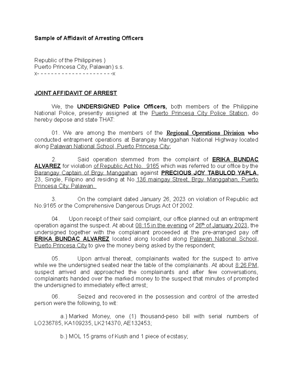 Sample of Affidavit of Arresting jessa - Sample of Affidavit of ...