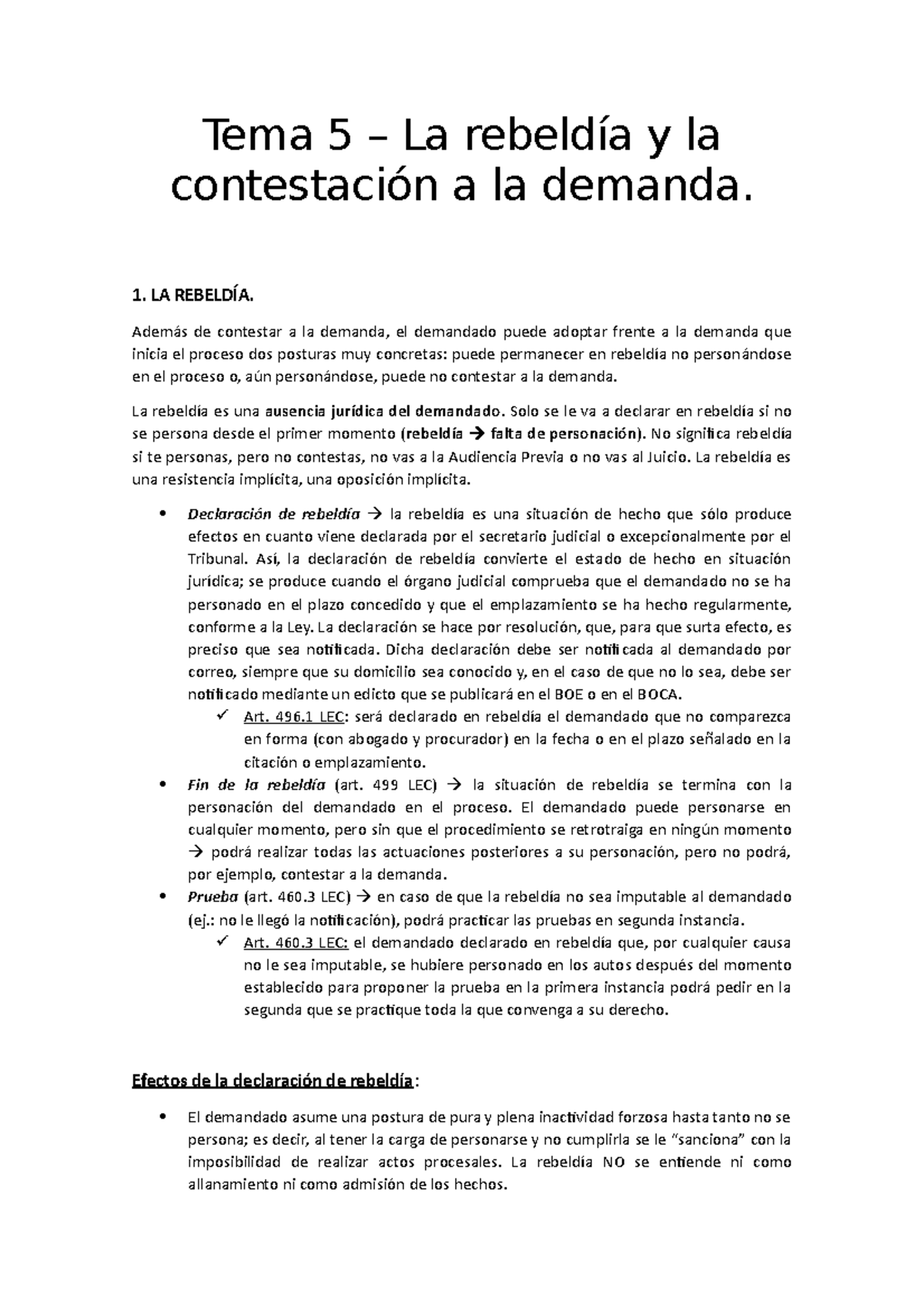 Tema 5 - apuntes - Tema 5 – La rebeldía y la contestación a la demanda ...