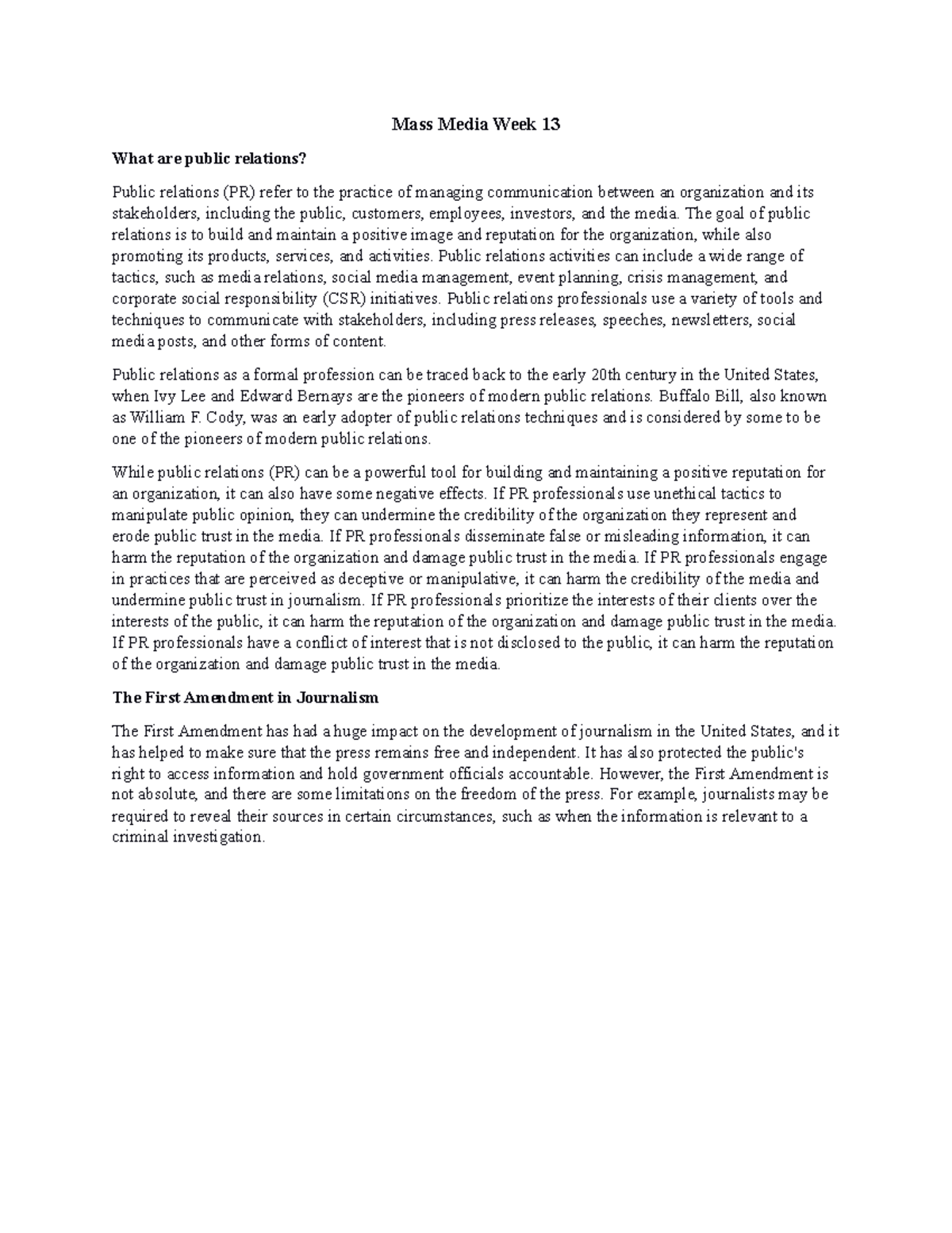 Mass Media Week 13 Notes - Mass Media Week 13 What are public relations ...