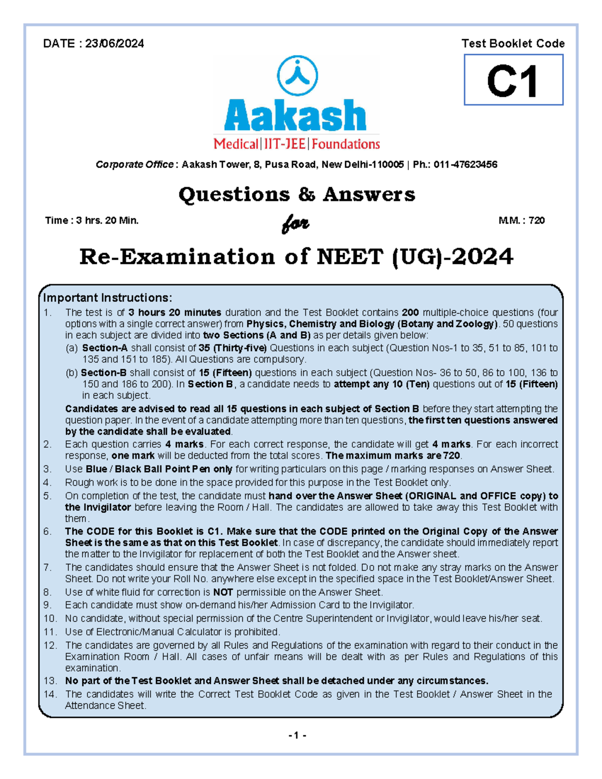 Ques&Ans Re-Examniation NEET-2024 (Code-C1) Revised - Corporate Office ...