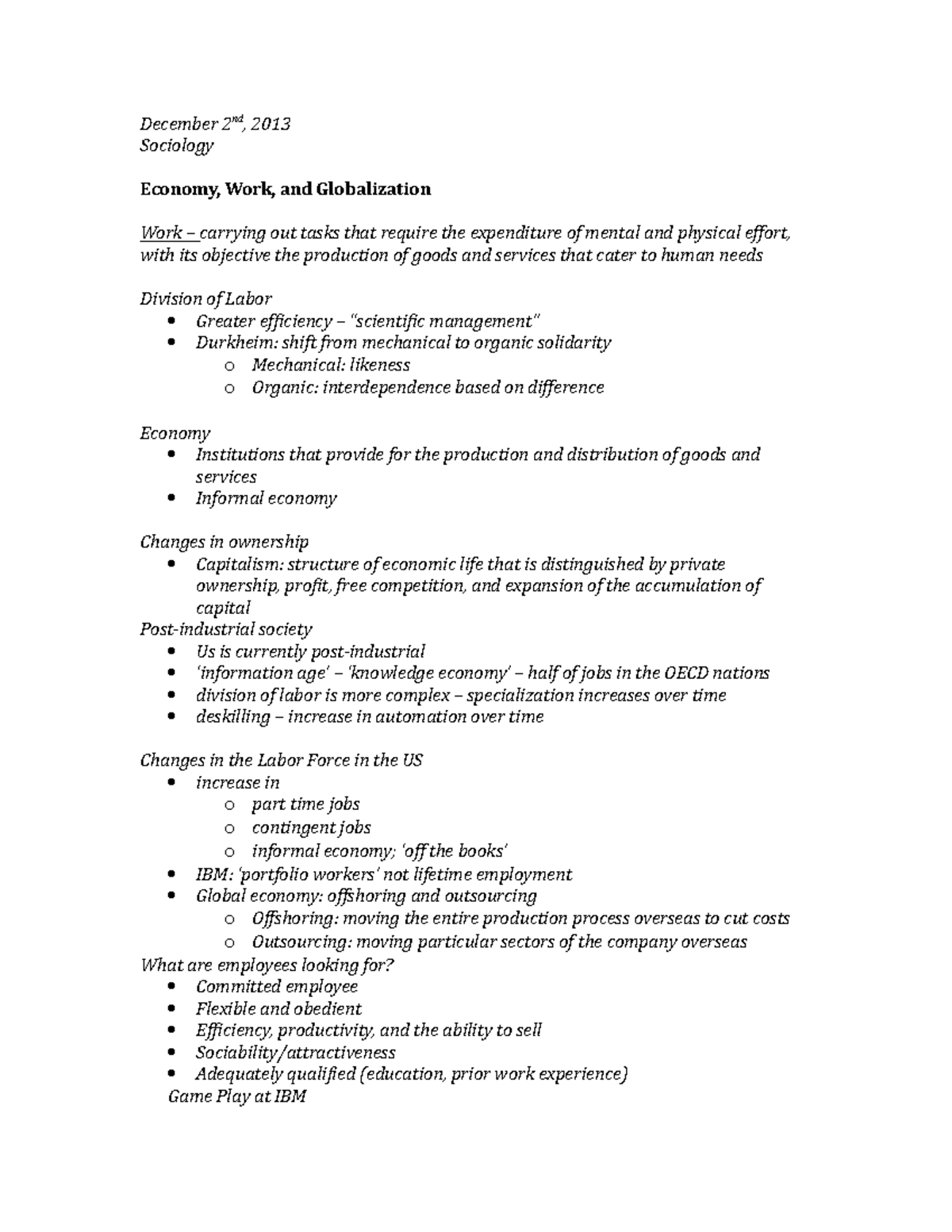 December 2nd - Lecture notes 14 - December 2nd, 2013 Sociology Economy ...