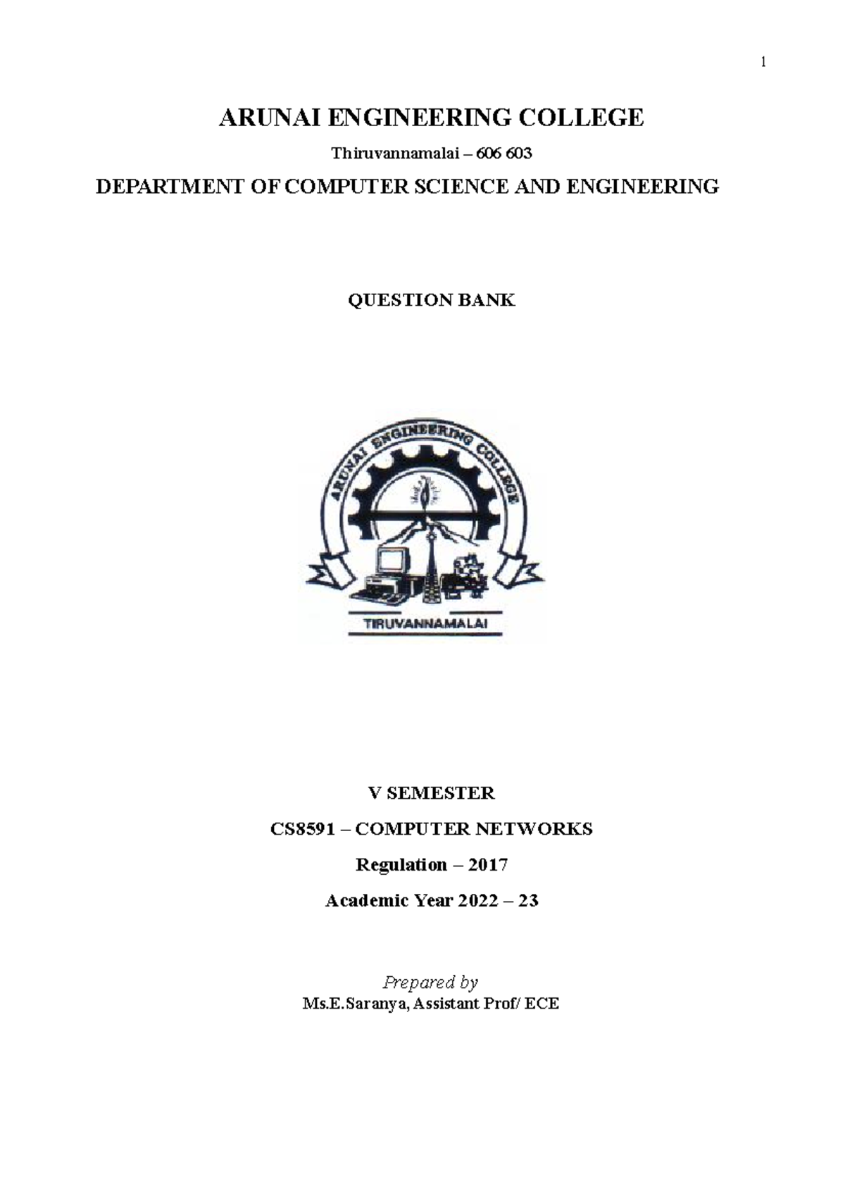 CS8591-Computer Networks-question bank - 1 ARUNAI ENGINEERING COLLEGE Thiruvannamalai – 606 603 ...