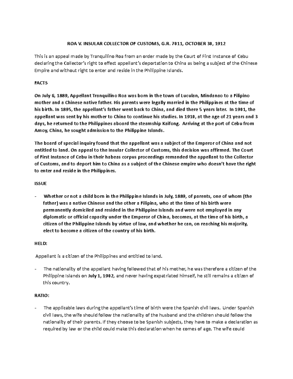 ROA V. Insular Collector OF Customs - ROA V. INSULAR COLLECTOR OF ...