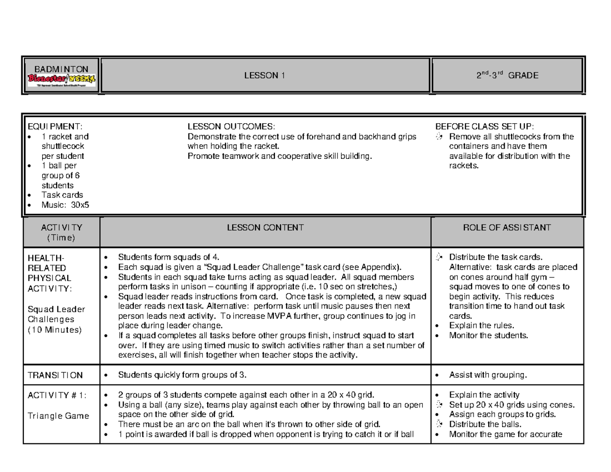 Badminton 2-3 - LESSON 1 2 n d- 3r d GRADE EQUI PMENT: 1 racket and ...