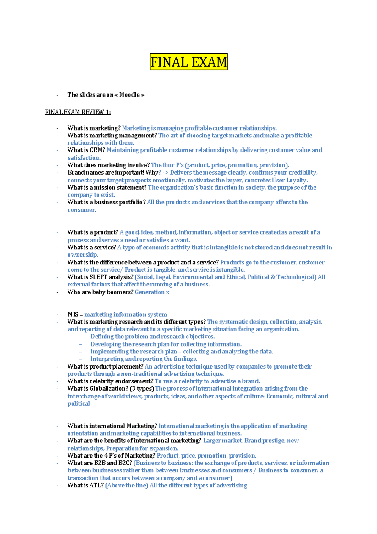 Examen final - Marketing - FINAL EXAM The slides are on « Moodle ...