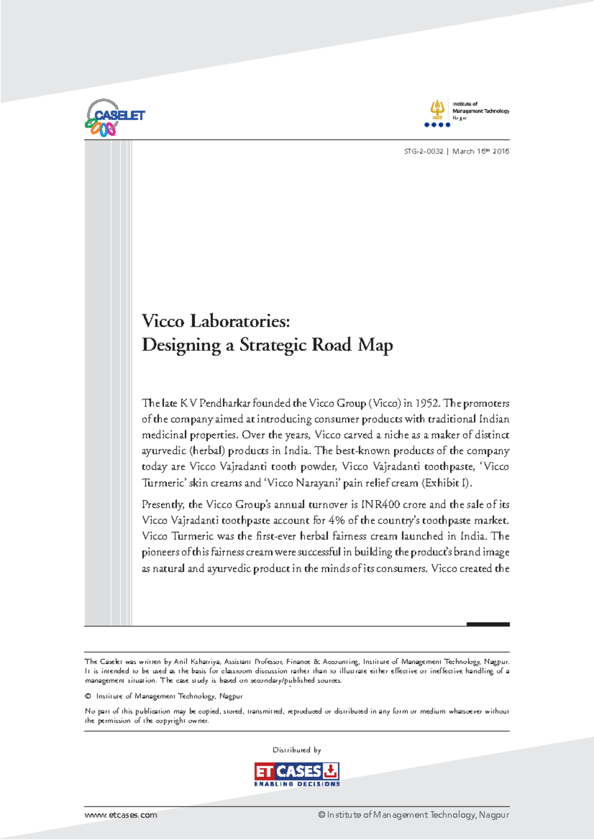 Vicco Laboratories Designing a Strategic Roadmap - CASE LET - Vicco ...