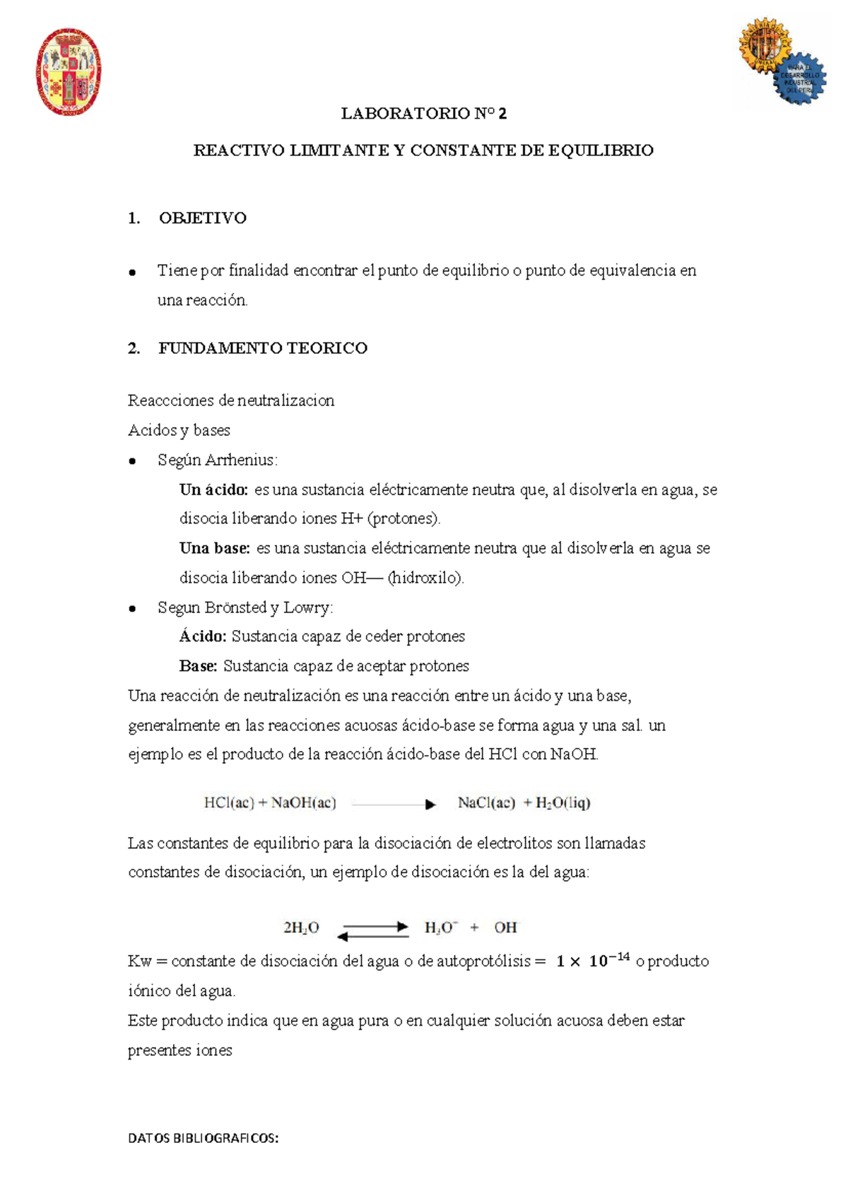 Labo 2 p.p pdf - LABORATORIO N° 2 REACTIVO LIMITANTE Y CONSTANTE DE EQUILIBRIO 1. OBJETIVO Tiene ...