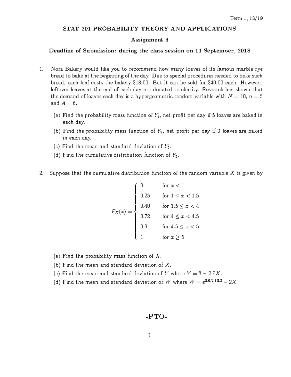 Assignment 3 - Question - Term 1, 18/ STAT 201 PROBABILITY THEORY AND APPLICATIONS Assignment 3 ...