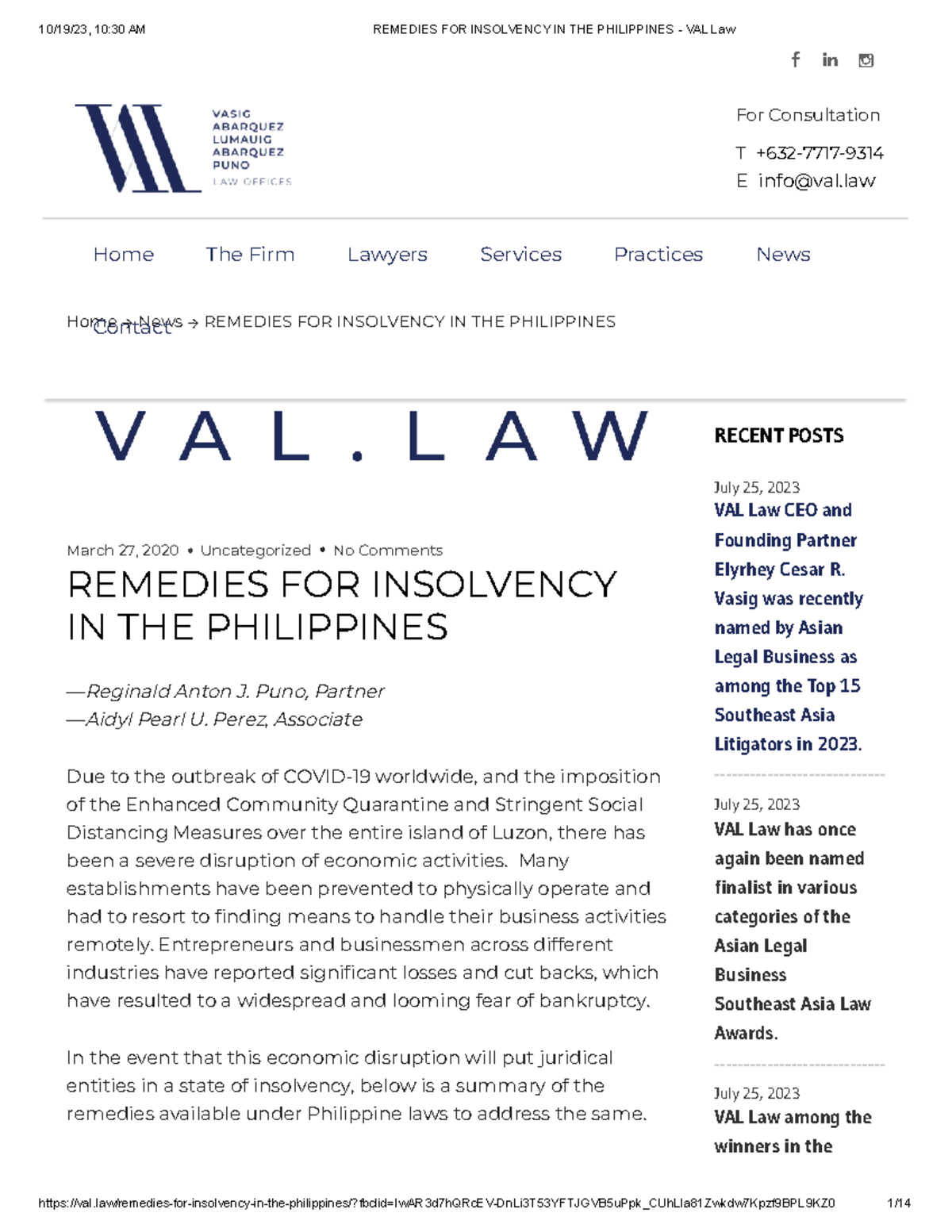 Remedies FOR Insolvency IN THE Philippines VAL Law - Home News REMEDIES FOR INSOLVENCY IN THE ...