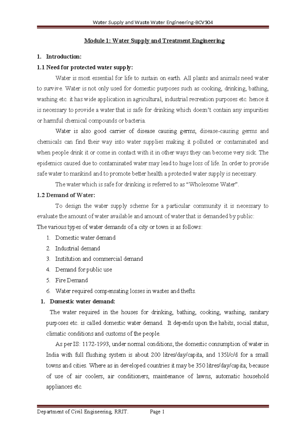 Module 1 Water Supply - BCV304 - Module 1: Water Supply and Treatment ...