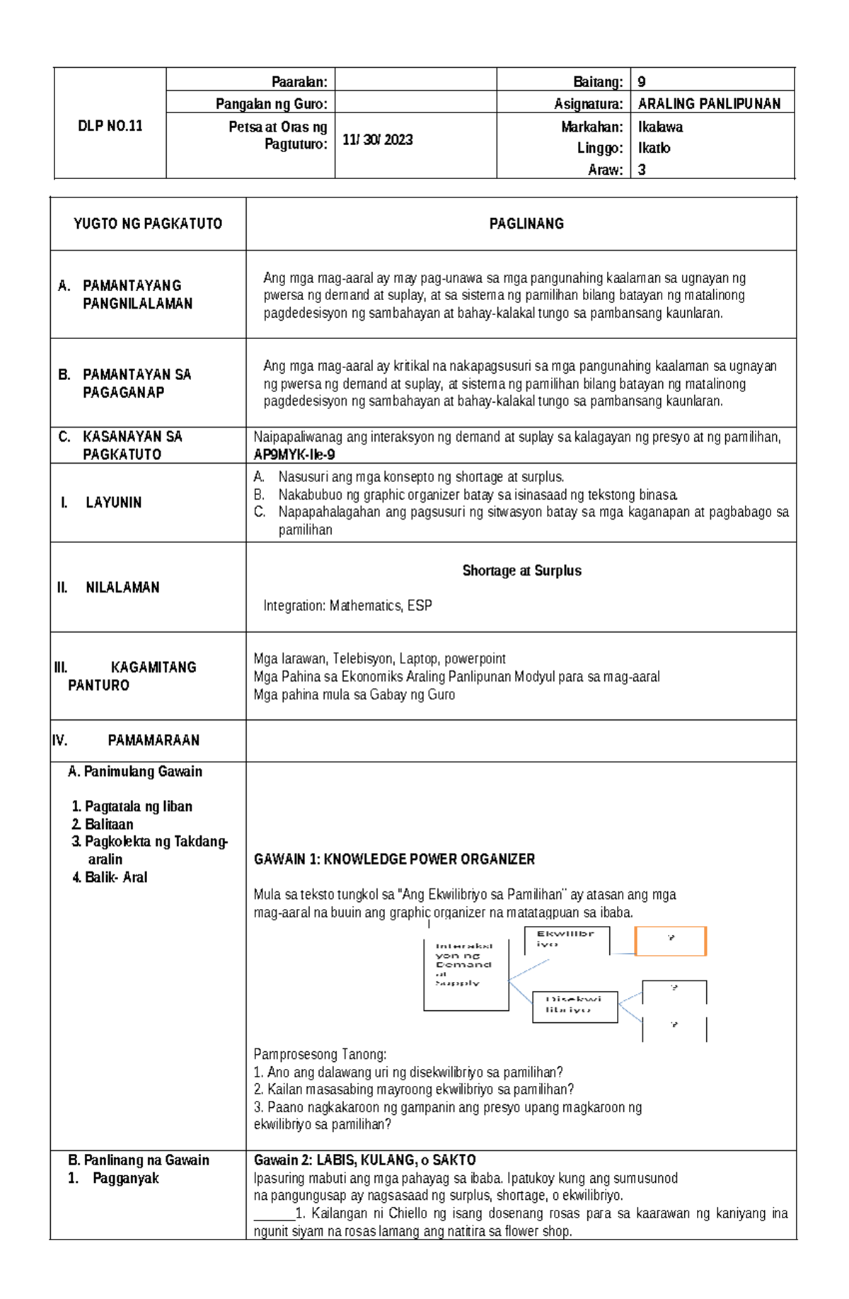 DLP9- 11 - DLP 11 ARAL PAN 9 Q2 - DLP NO. Paaralan: Baitang: 9 Pangalan ng Guro: Asignatura ...
