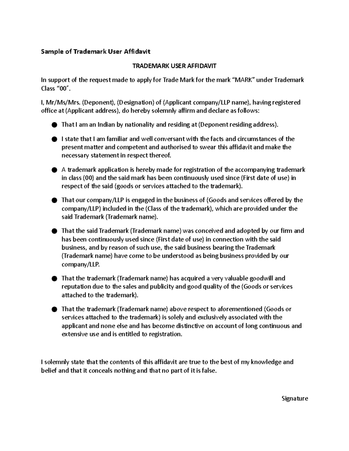 Sample of Trademark User Affidavit - Sample of Trademark User Affidavit TRADEMARK USER AFFIDAVIT ...