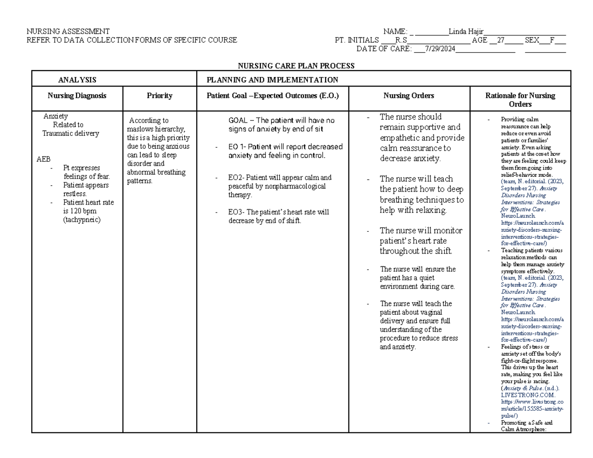 FINAL CARE PLAN - NURSING ASSESSMENT NAME: _ Linda Hajir ...