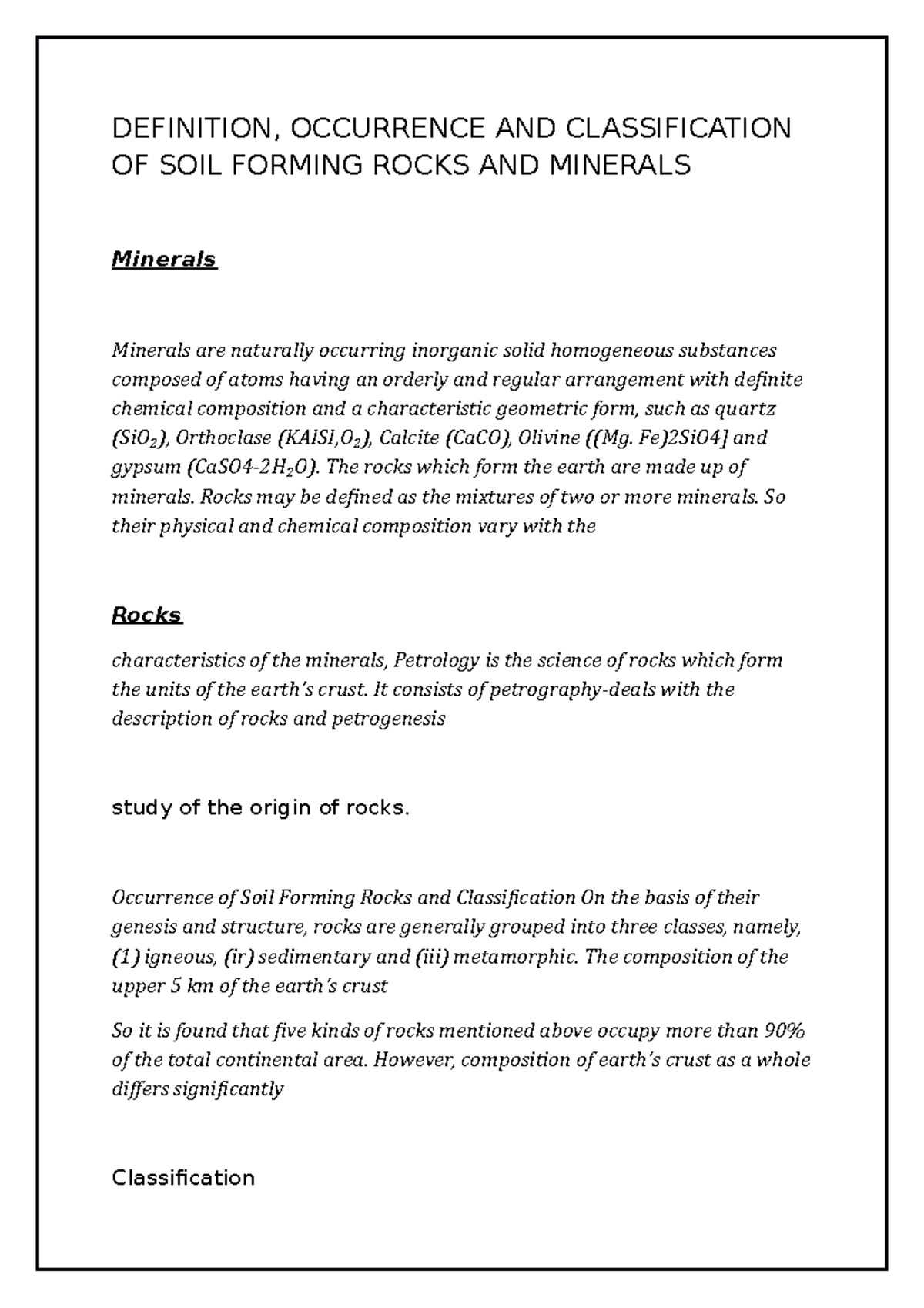 Definition, Occurrence AND Classification OF SOIL Forming Rocks AND ...