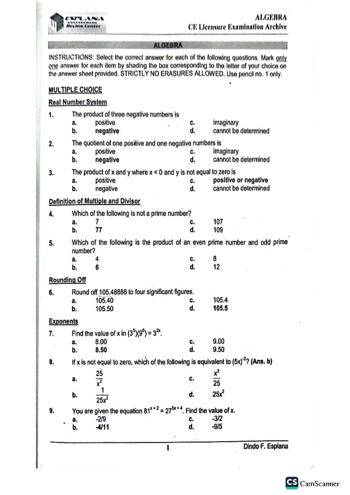 01 Algebra. CELE ARCHIVE - ESPLANA - BS Civil Engineering - Studocu