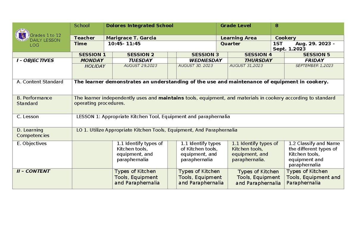 DLL-in-Cookery 8 - dlla - Grades 1 to 12 DAILY LESSON LOG School ...